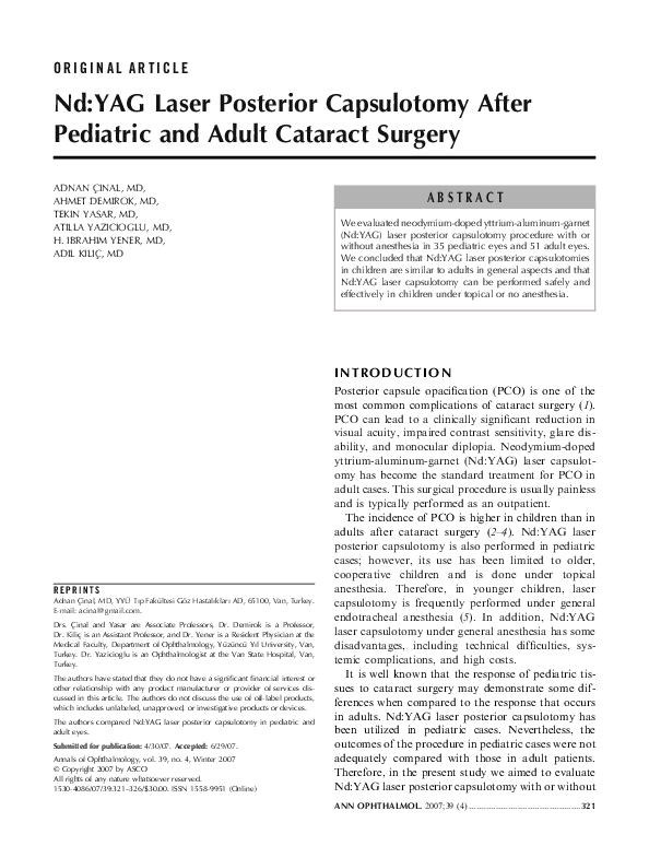 (PDF) Nd:YAG Laser Posterior Capsulotomy After Pediatric and Adult ...