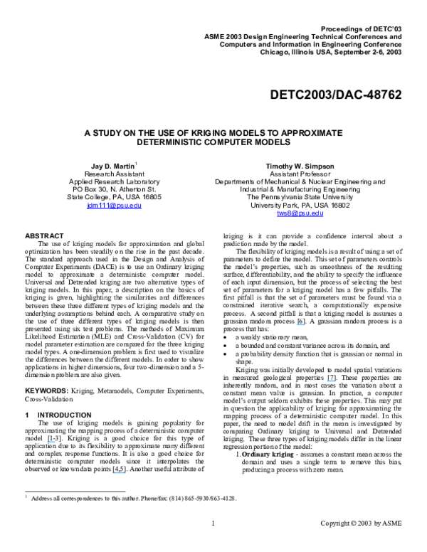 Pdf Use Of Kriging Models To Approximate Deterministic Computer Models