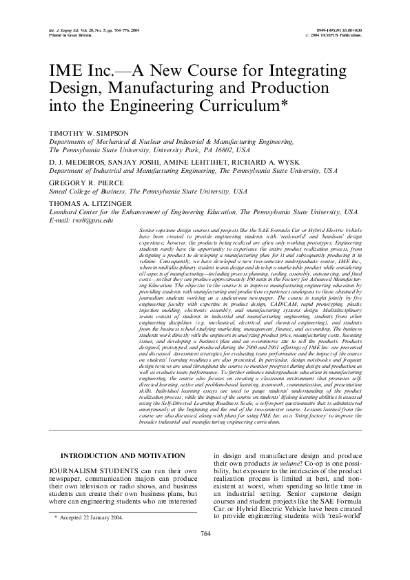 (PDF) IME, Inc. - A New Course for Integrating Design, Manufacturing ...