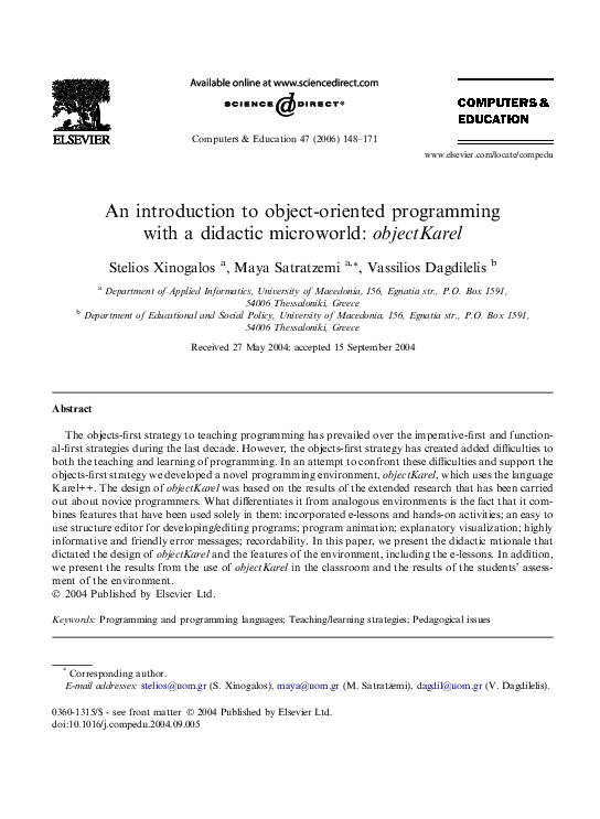 Pdf An Introduction To Object Oriented Programming With A Didactic Microworld Objectkarel