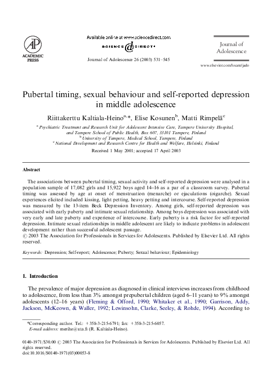 Pdf Pubertal Timing Sexual Behaviour And Self Reported Depression In