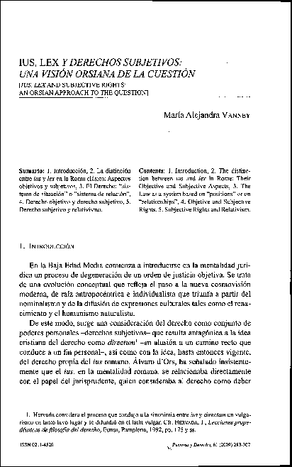(PDF) IUS, LEX Y DERECHOS SUBJETIVOS: UNA VISIÓN ORSIANA DE LA CUESTIÓN