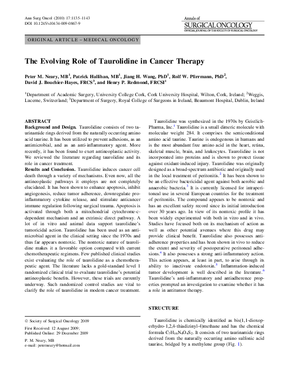 (PDF) The Evolving Role of Taurolidine in Cancer Therapy