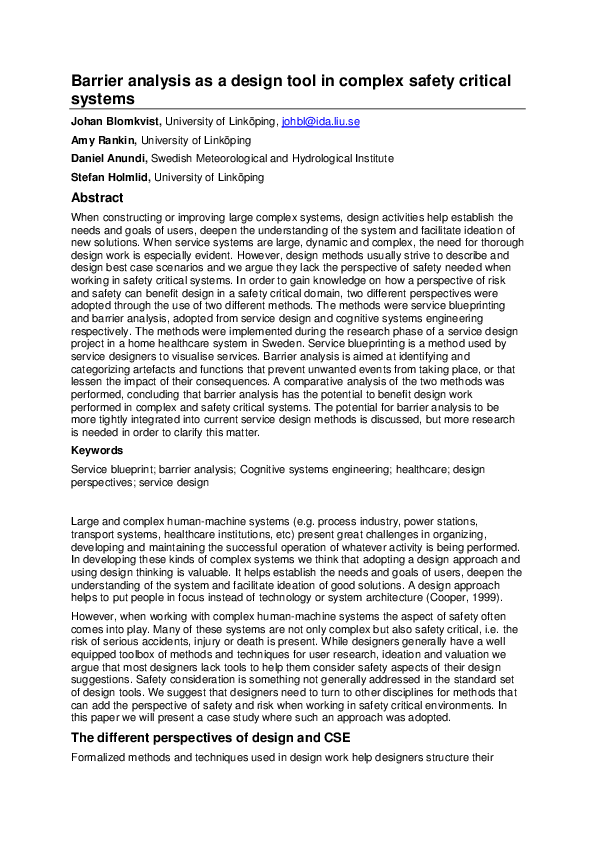 Pdf Barrier Analysis As A Design Tool In Complex Safety Critical Systems