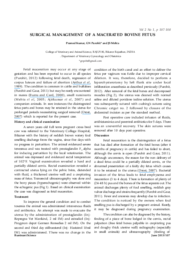 (PDF) Surgical Management of a Macerated Bovine Fetus