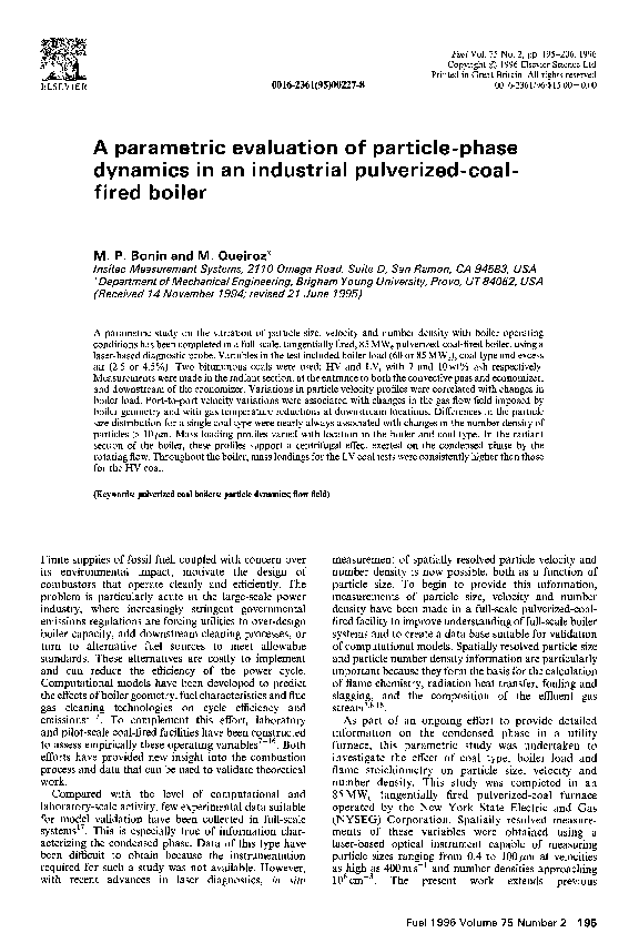 Pdf A Parametric Evaluation Of Particle Phase Dynamics In An Industrial Pulverized Coal Fired