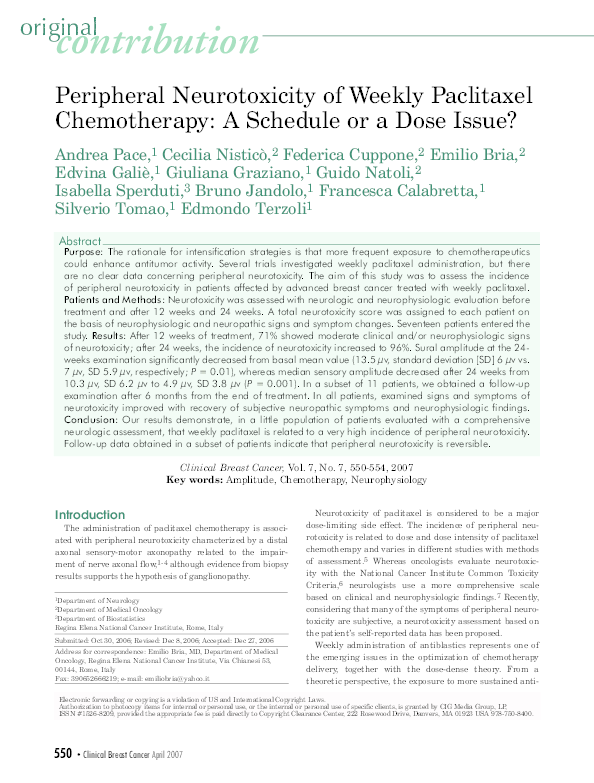 (PDF) Peripheral Neurotoxicity of Weekly Paclitaxel Chemotherapy: A Schedule or a Dose Issue