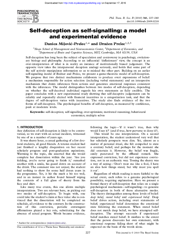 (PDF) Self-deception as self-signalling: a model and experimental evidence