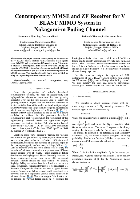 (PDF) Contemporary MMSE and ZF receiver for V-BLAST MIMO system in Nakagami-m fading channel