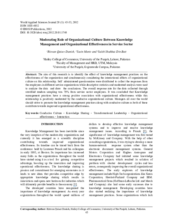 (PDF) Moderating role of organizational culture between knowledge management and organizational ...