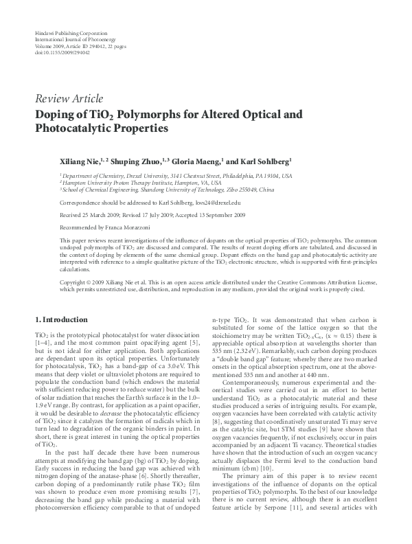 Pdf Doping Of Tio2 Polymorphs For Altered Optical And Photocatalytic Properties