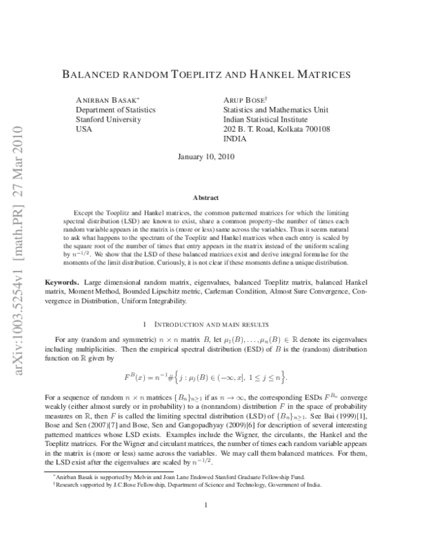 Pdf Balanced Random Toeplitz And Hankel Matrices