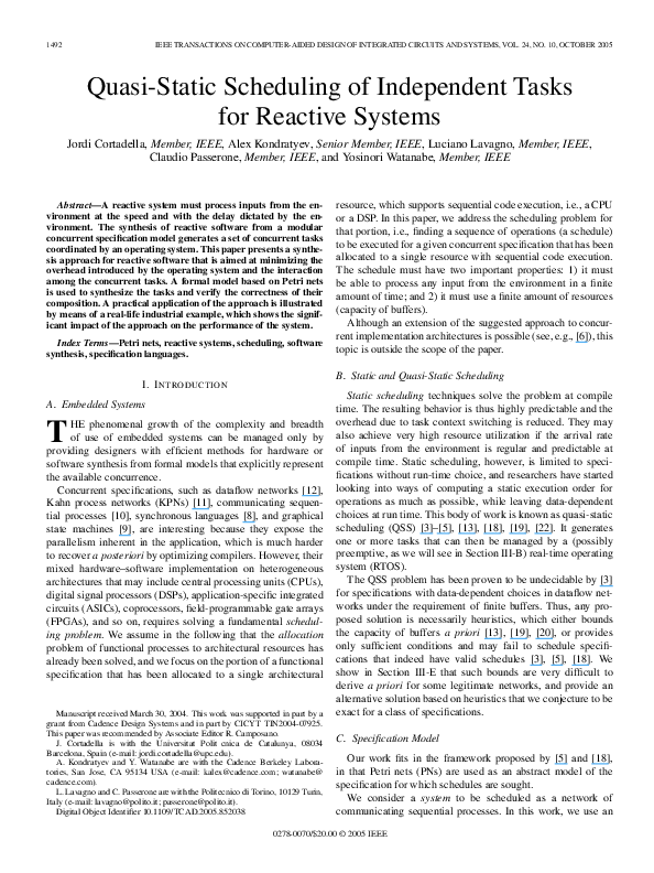 Pdf Quasi Static Scheduling Of Independent Tasksfor Reactive Systems