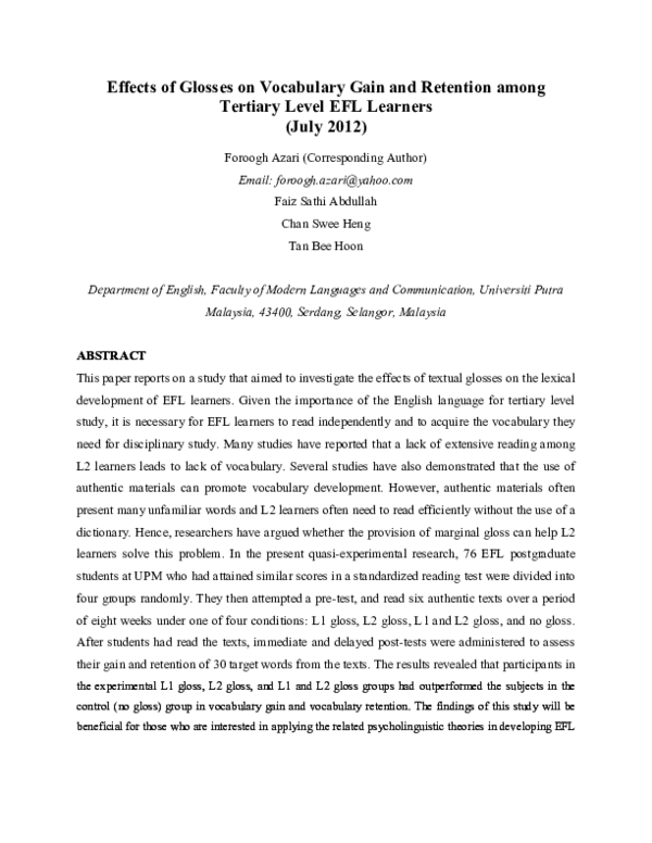 (PDF) Effects of Glosses on Vocabulary Gain and Retention among ...