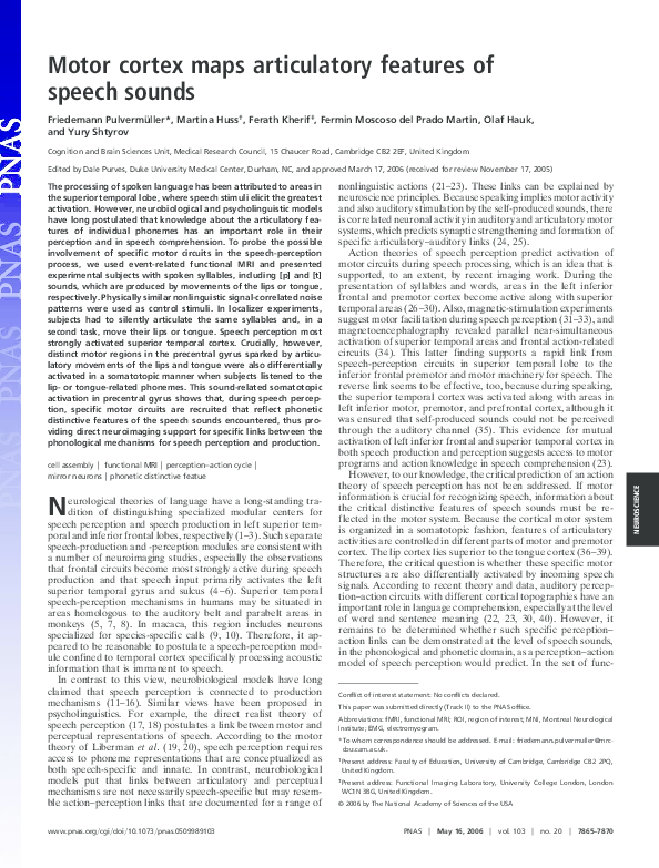 (PDF) Motor cortex maps articulatory features of speech sounds