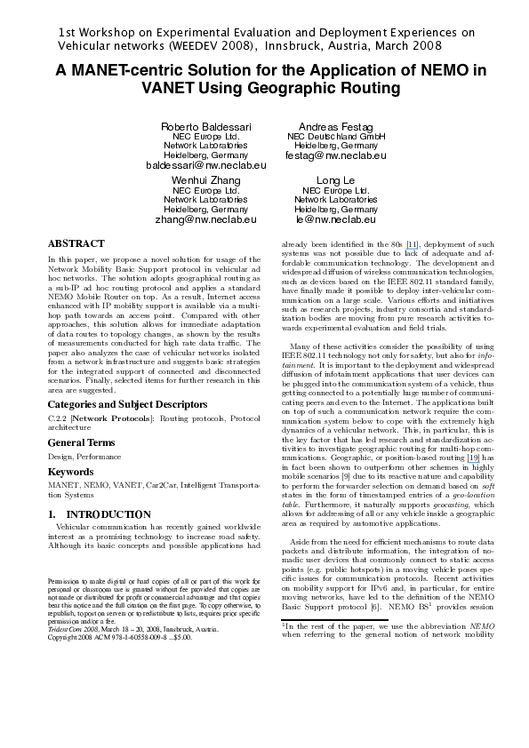 (PDF) A MANET-centric solution for the application of NEMO in VANET using geographic routing