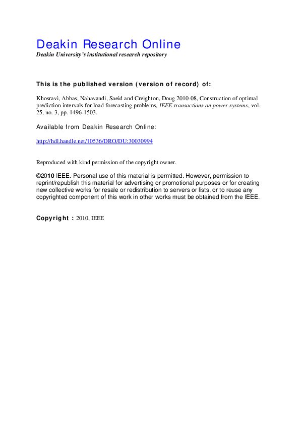 Pdf Construction Of Optimal Prediction Intervals For Load Forecasting Problems