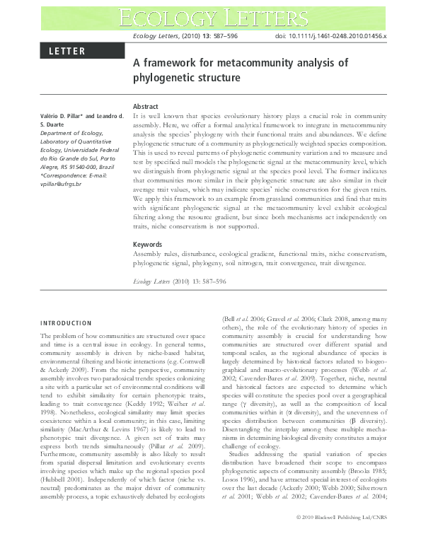 Pdf A Framework For Metacommunity Analysis Of Phylogenetic Structure