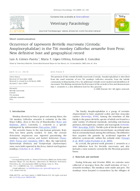 (PDF) Occurrence of tapeworm Bertiella mucronata (Cestoda ...