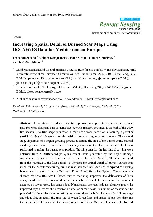 (PDF) Increasing Spatial Detail of Burned Scar Maps Using IRS‑AWiFS ...