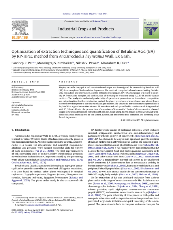Pdf Optimization Of Extraction Techniques And Quantification Of Betulinic Acid Ba By Rp Hplc