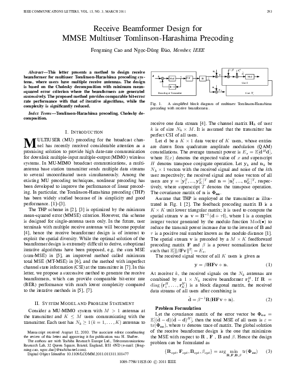 (PDF) Receive Beamformer Design for MMSE Multiuser Tomlinson-Harashima Precoding