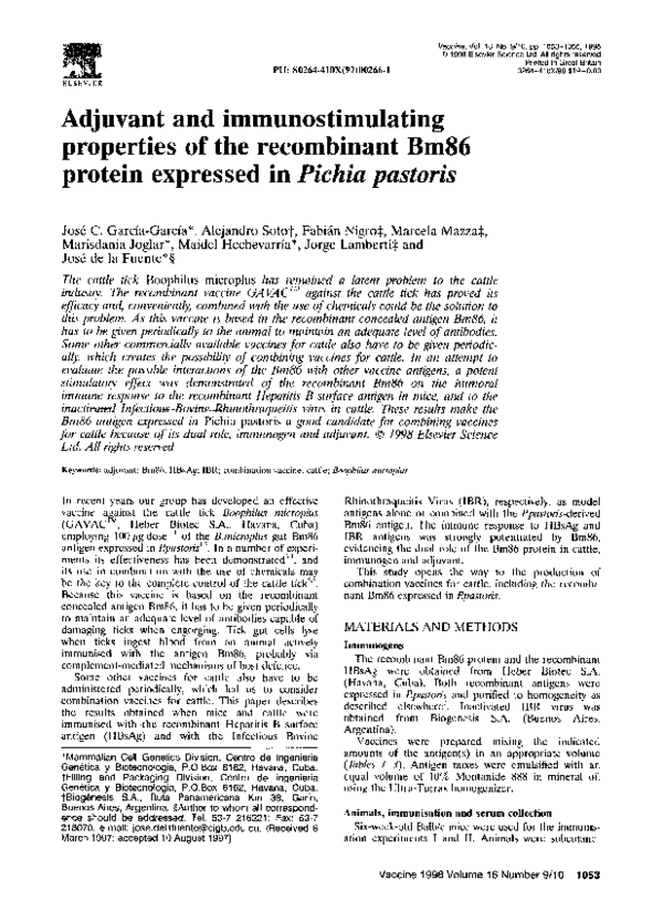 (PDF) Adjuvant and immunostimulating properties of the recombinant Bm86 ...