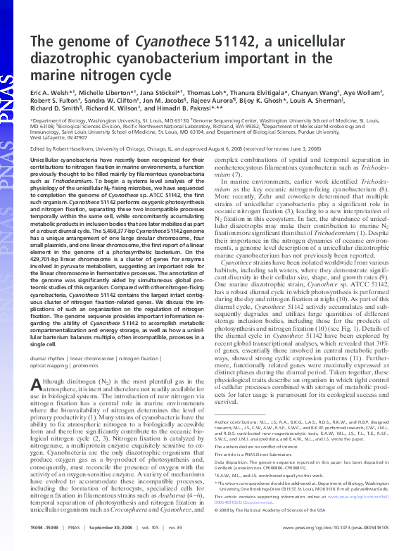 (PDF) The genome of Cyanothece 51142, a unicellular diazotrophic ...