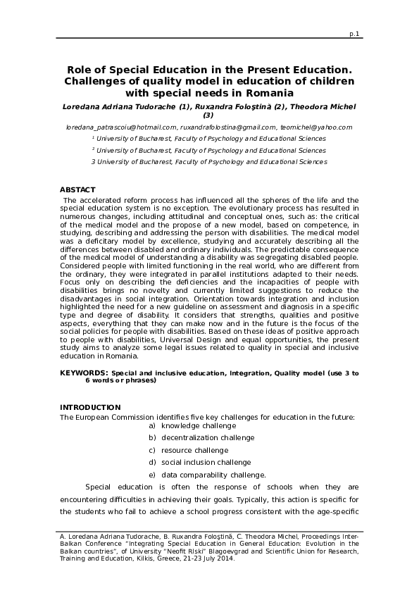 (DOC) Role of Special Education in the Present Education. Challenges of ...
