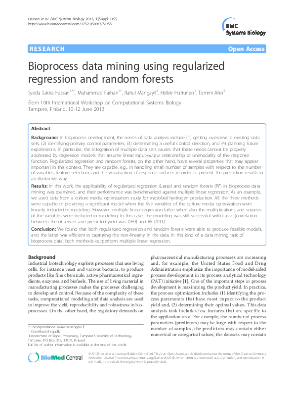 (PDF) Bioprocess data mining using regularized regression and random forests