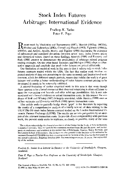 Pdf Stock Index Futures Arbitrage International Evidence