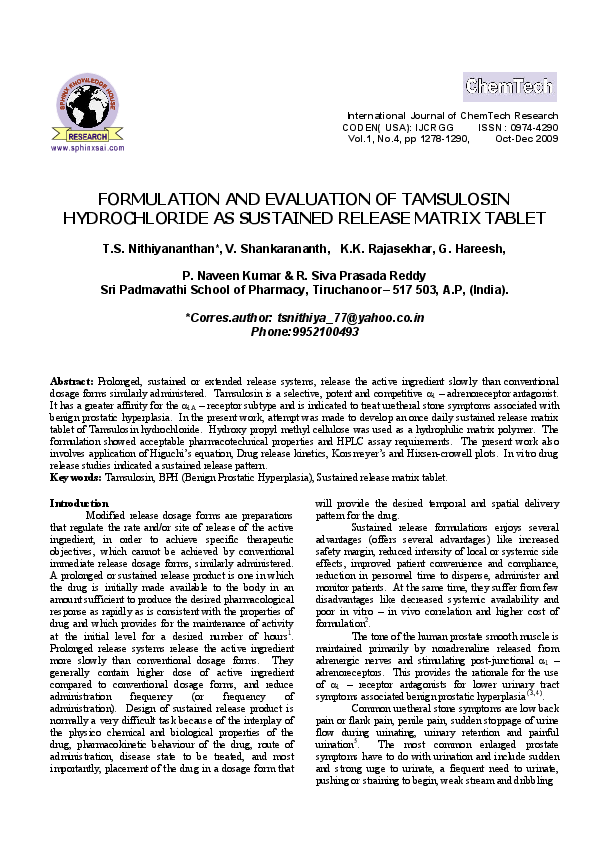 Pdf Formulation And Evaluation Of Tamsulosin Hydrochloride As Sustained Release Matrix Tablet