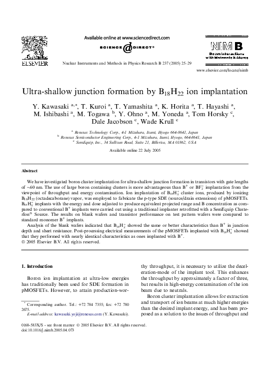 (PDF) Ultra-shallow junction formation by B 18H 22 ion implantation