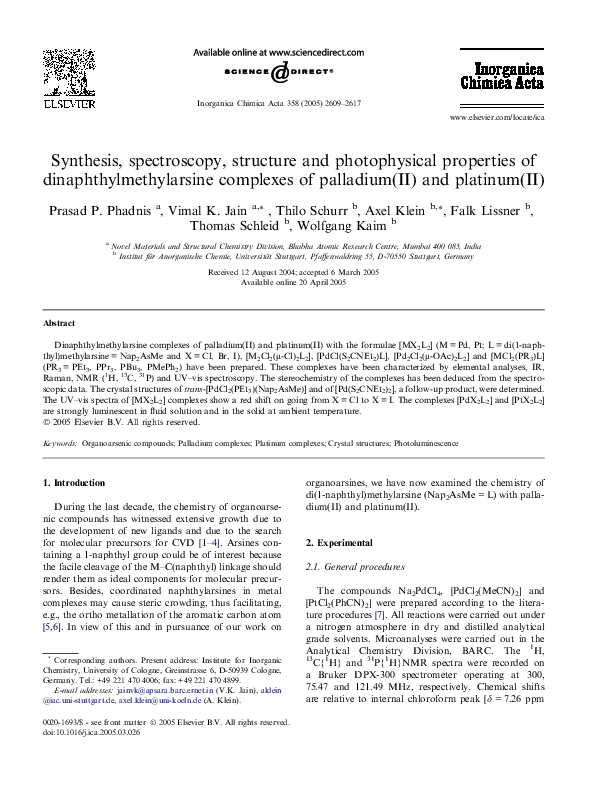 (PDF) Synthesis, spectroscopy, structure and photophysical properties of dinaphthylmethylarsine ...