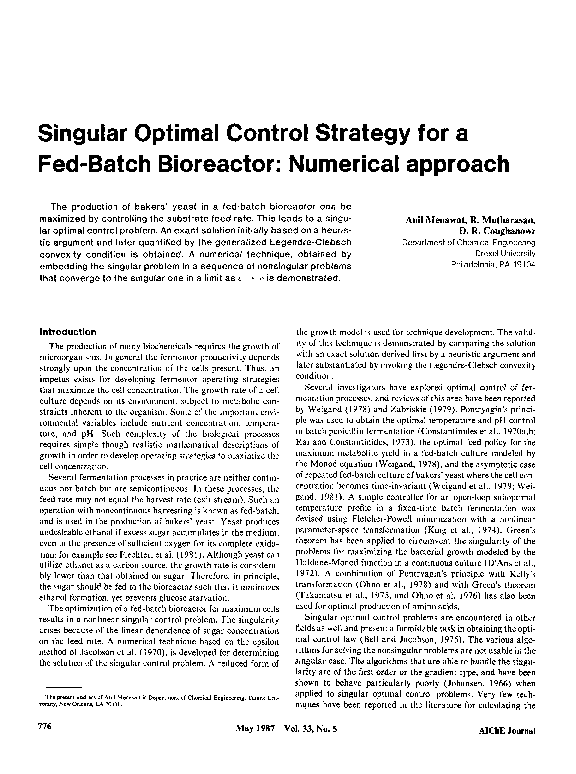 (PDF) Singular optimal control strategy for a fed-batch bioreactor: Numerical approach