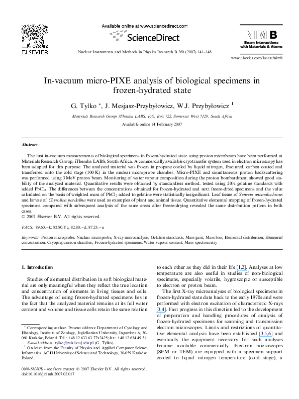 (PDF) In-vacuum micro-PIXE analysis of biological specimens in frozen-hydrated state