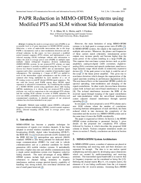 Pdf Papr Reduction In Mimo Ofdm Systems Using Modified Pts And Slm