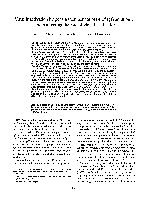 (PDF) Virus inactivation by pepsin treatment at pH 4 of IgG solutions ...