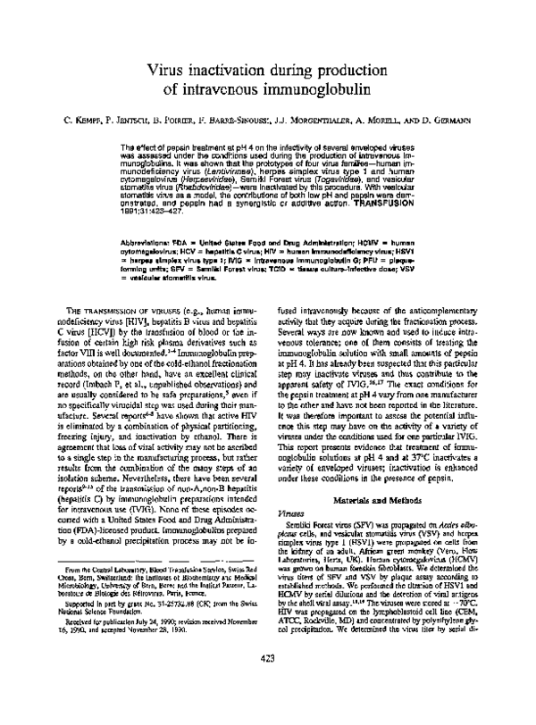 (PDF) Virus inactivation during production of intravenous immunoglobulin