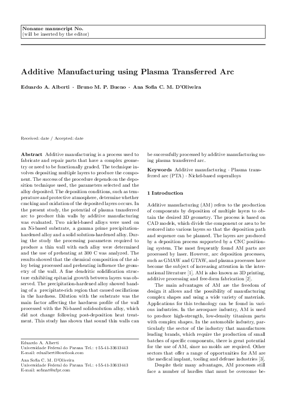 (PDF) Additive Manufacturing using Plasma Transferred Arc