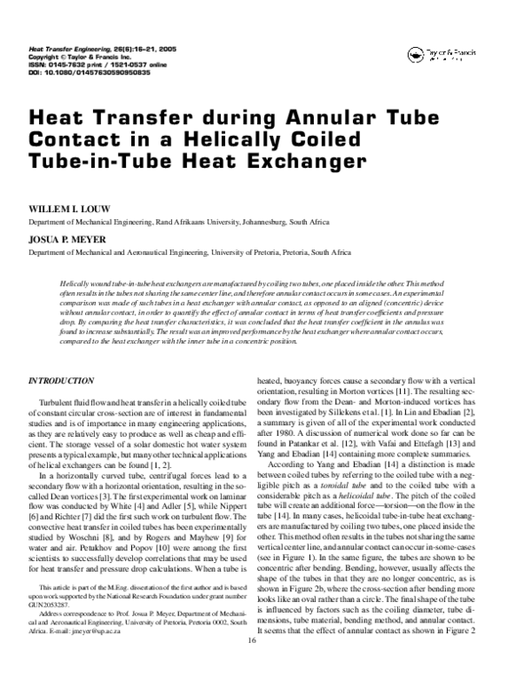 (PDF) Heat Transfer During Annular Tube Contact In a Helically Coiled ...