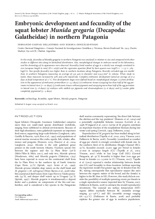 (PDF) Embryonic development and fecundity of the squat lobster Munida ...