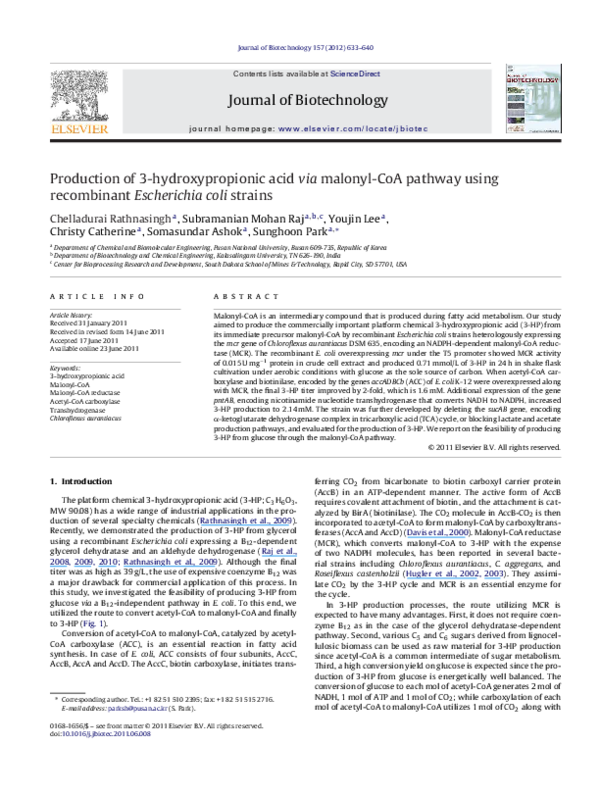 (PDF) Production of 3-hydroxypropionic acid via malonyl-CoA pathway ...