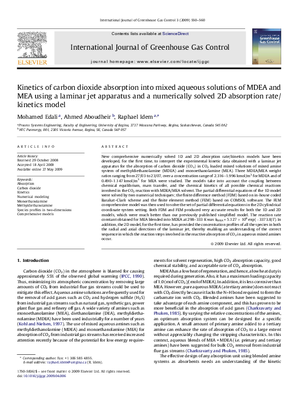 (PDF) Kinetics of carbon dioxide absorption into mixed aqueous solutions of MDEA and MEA using a ...