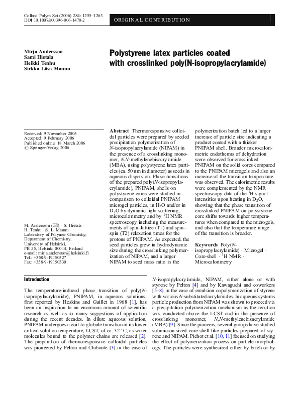 (PDF) Polystyrene latex particles coated with crosslinked poly(N-isopropylacrylamide