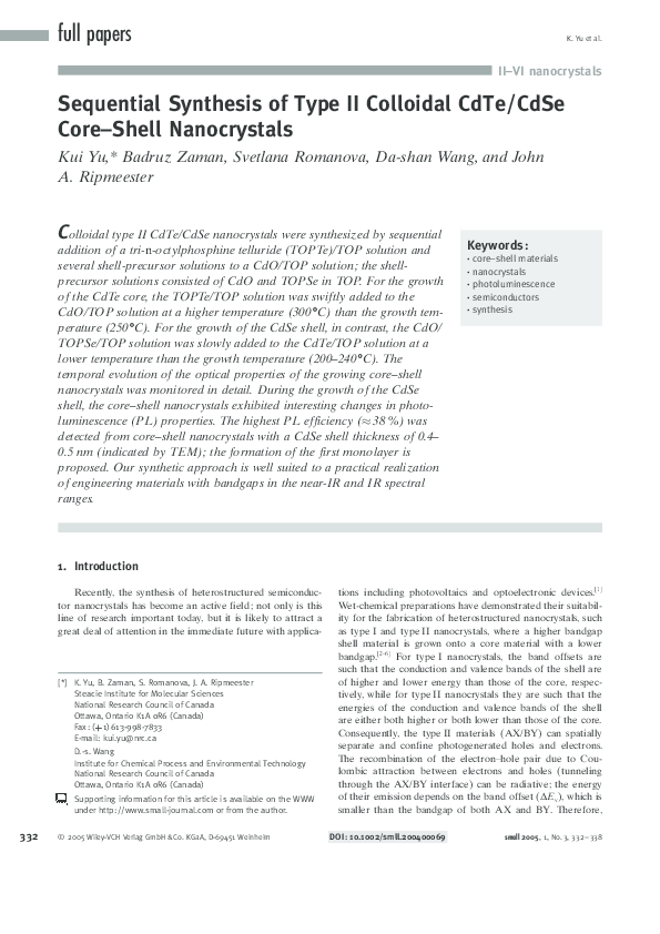 Pdf Sequential Synthesis Of Type Ii Colloidal Cdte Cdse Core Shell Nanocrystals