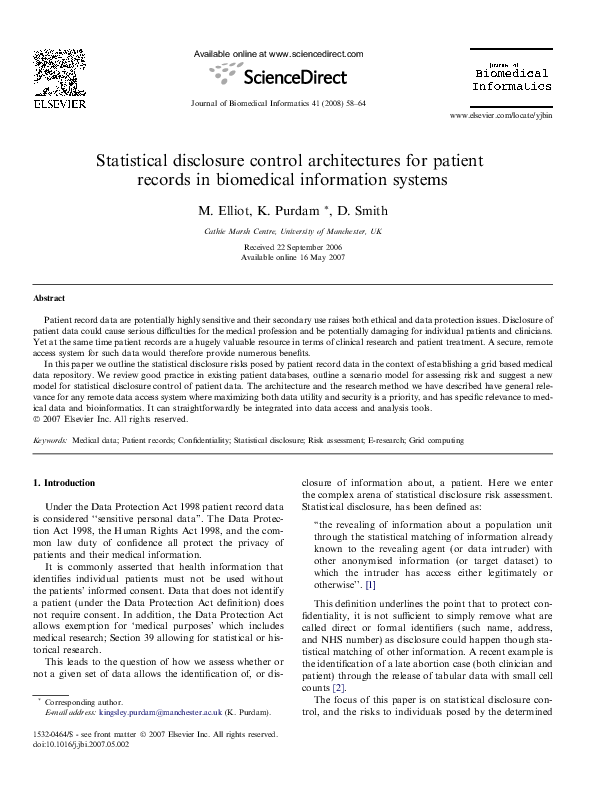 (PDF) Statistical disclosure control architectures for patient records ...