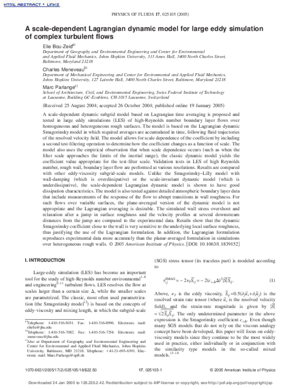 (PDF) A scale-dependent Lagrangian dynamic model for large eddy simulation of complex turbulent ...