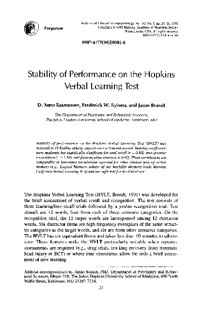 (PDF) Stability of performance on the Hopkins Verbal Learning Test