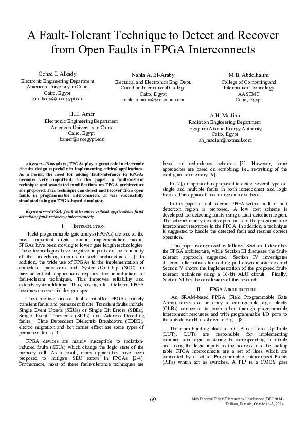 Pdf A Fault Tolerant Technique To Detect And Recover From Open Faults In Fpga Interconnects